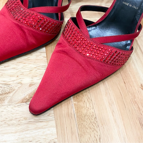 Escada | Shoes | Vintage Escada Red Satin Embellished Pointy Toe Sling ...